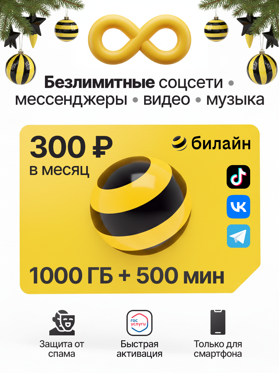Сим-карта Билайн, для смартфонов, 1024 Гб, безлимитный Интернет, 300 рублей