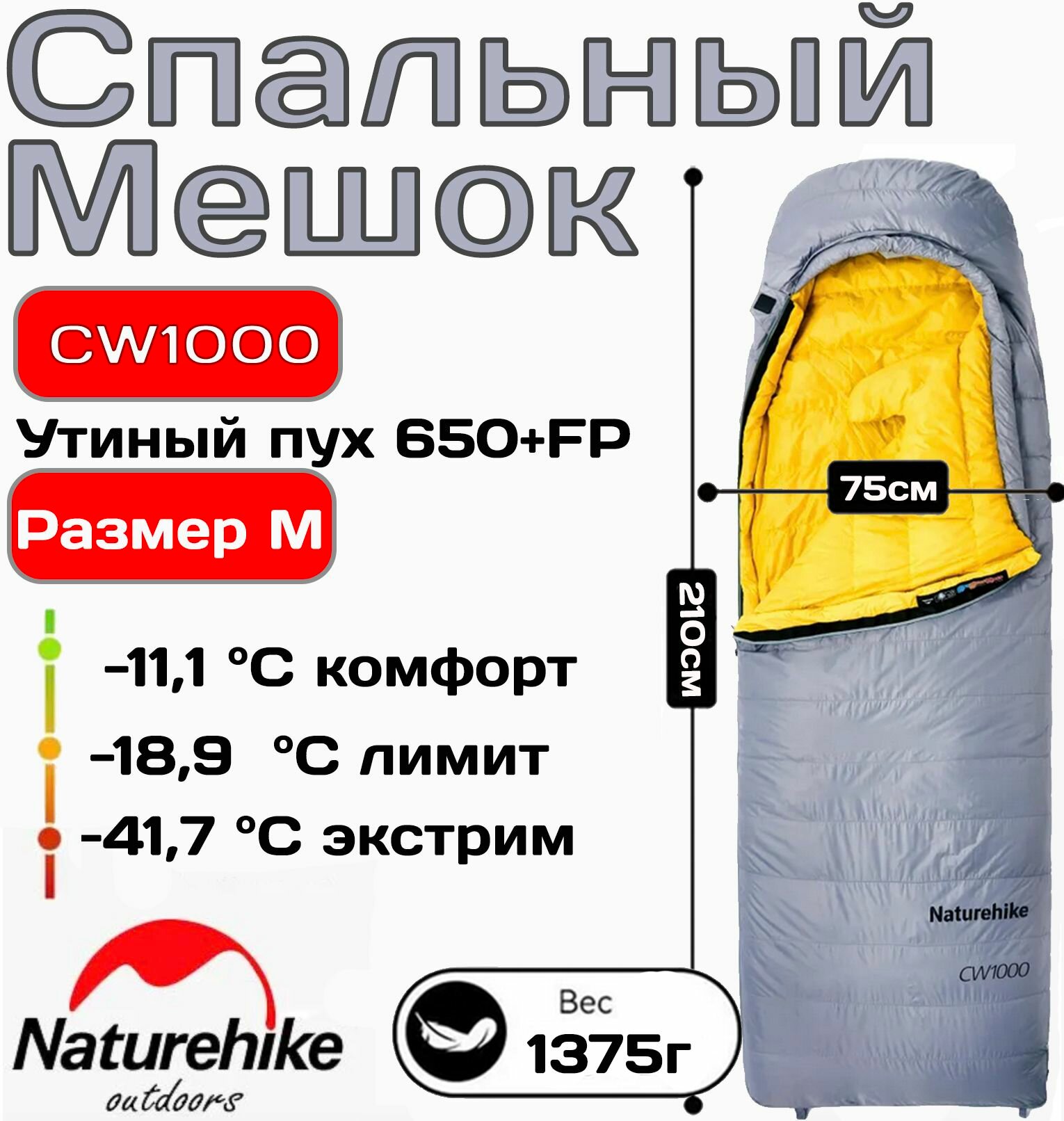 Спальный мешок Naturehike CW1000 "M" Серый (NH22YD002) утиный пух