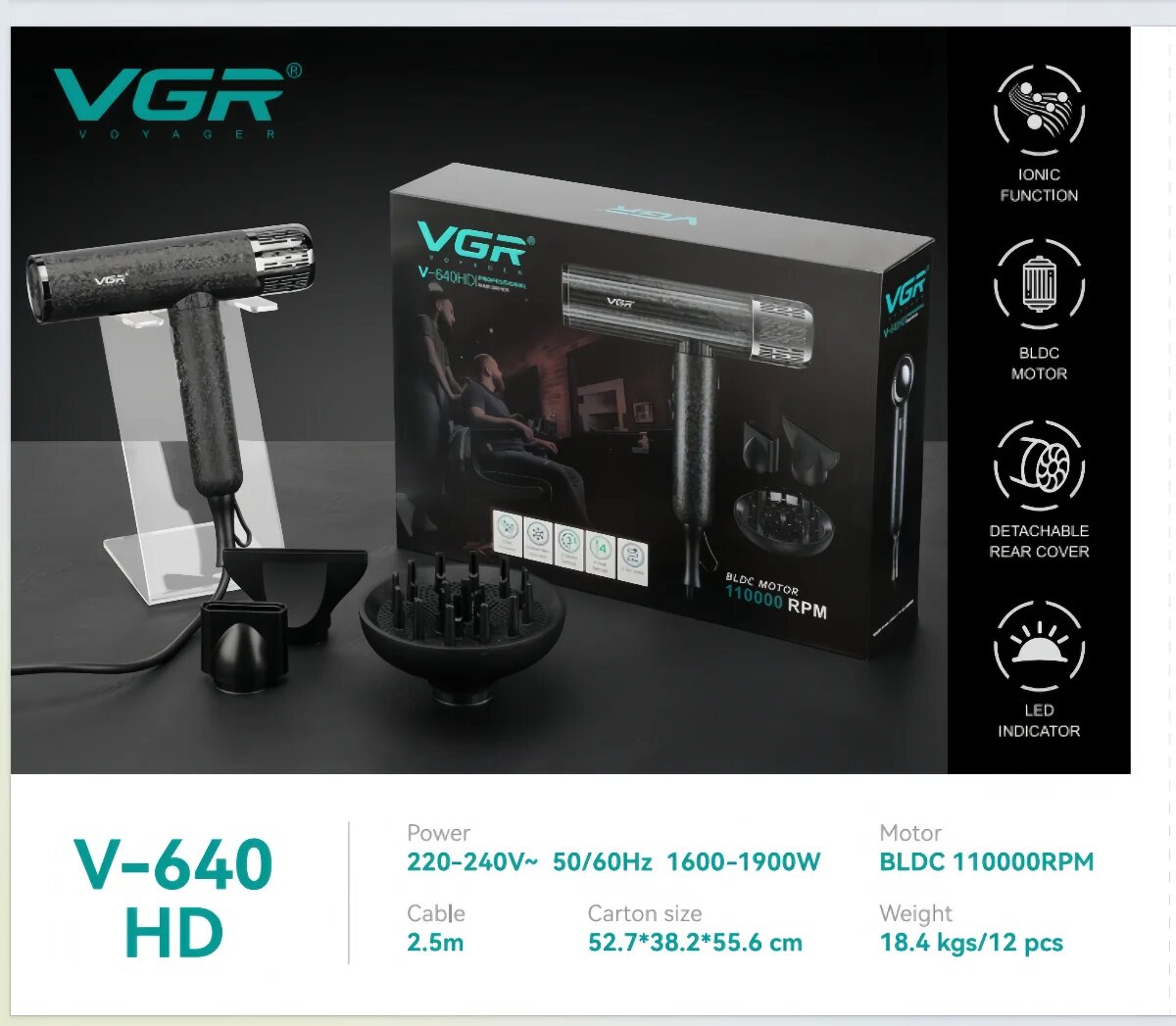 VGR 640HD фен для волос стайлер для волос фен Лидер продаж 110000 об/мин Профессиональный Фен Лучший Бесщеточный Отрицательные ионы Фен Супер Мощный Ветер Малошумный Лидер продаж Салон 1900 Вт Воздуходувка V-401