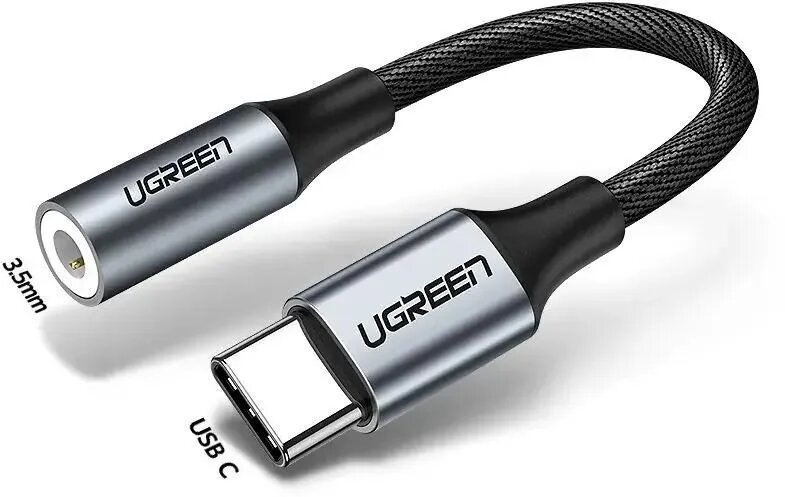 Кабель-переходник аудио UGREEN AV142, Jack 3.5 m - USB Type-C, 0.1м, GOLD, серый 30632