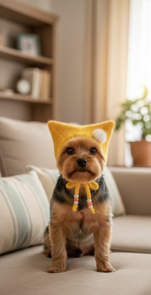 Шапочка-чепчик, для собак мелких пород, ручная работа, пряжа пух норки, оранжевая