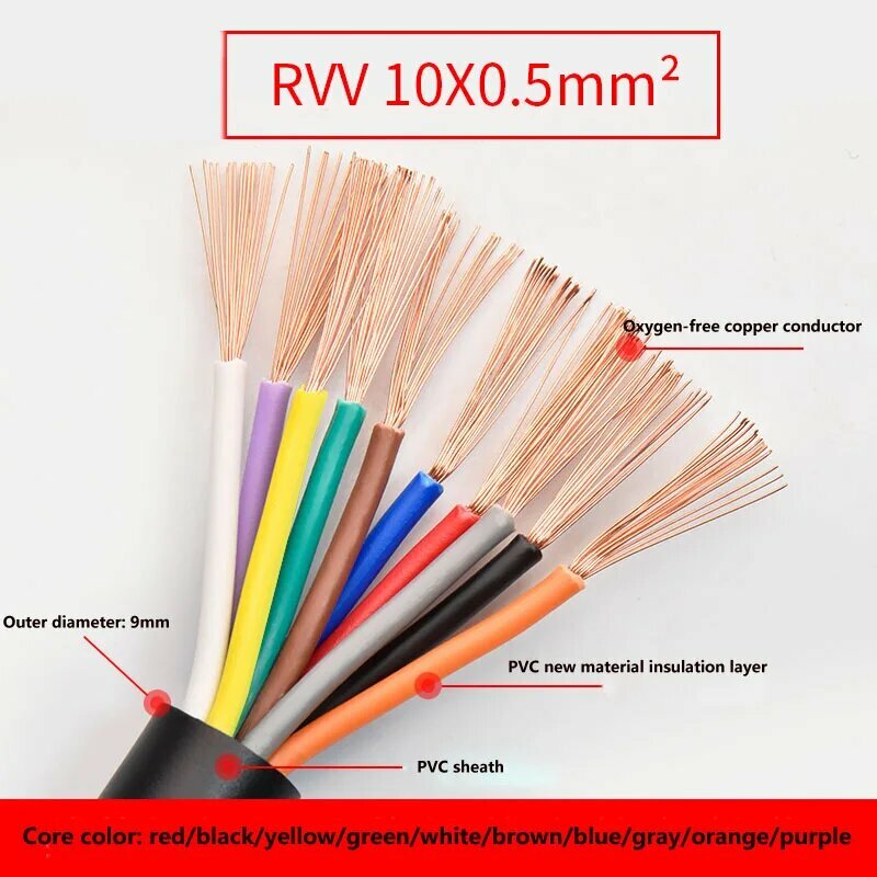 RVV медный сердечник огнестойкий кабель 5 метров 7 8 10 жил 0,3 0,5 0,75 мм 10 Core X0.5mm