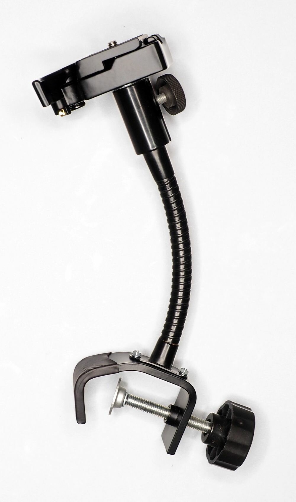 Струбцина с быстросъемной площадкой на гибкой "гусиной шее" для крепления фотооборудования на трубу