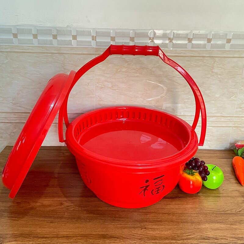 Домашняя ручная корзина пластиковая круглая красная с крышкой для покупок фруктов овощей закусок поклонения Богу счастливых событий свадебного хранения
