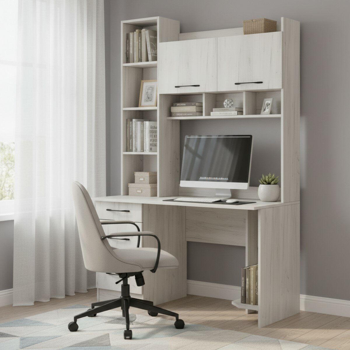 Стол компьютерный письменный Памир ПКС-5 с пеналом, полкой надстройкой и выдвижными ящиками, Крафт белый