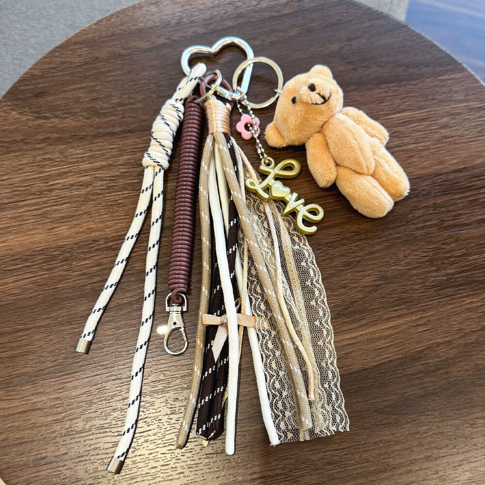 Милый плюшевый медведь, подвеска-брелок, маленький ручной работы, плетеный кружевной сетчатый орнамент с кисточкой, оригинальный дизайн