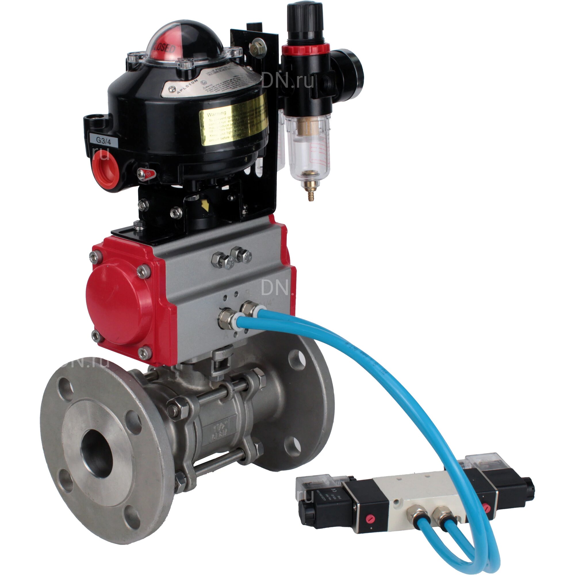 Кран шаровой DN.ru кшфпт 316.180 Ду40 Ру40 фланцевый, полнопроходной, 3-составной, нержавеющая сталь SS316, уплотнение PTFE, с пневмоприводом DA-065 пневмораспределителем PND1-S2EM-52-2-T10-220VAC БПВ APU1-10-40-V08 БКВ LSB-510-02ExM12-250