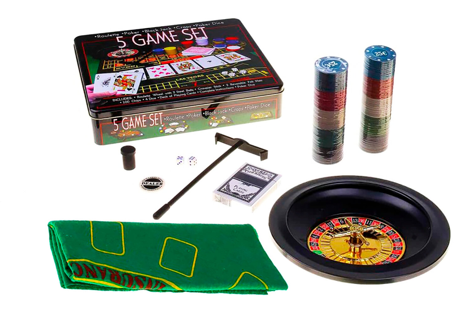 Набор из 5 игр: Рулетка, покер, блэк-джек, крэпс, покер на костях (в жестяной коробке)