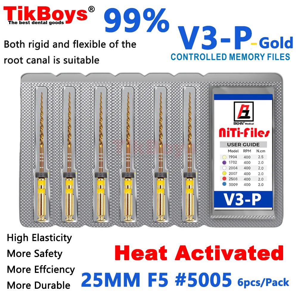 Стоматологические файлы TikBoys V3-P Gold 25MM F5 6 шт.