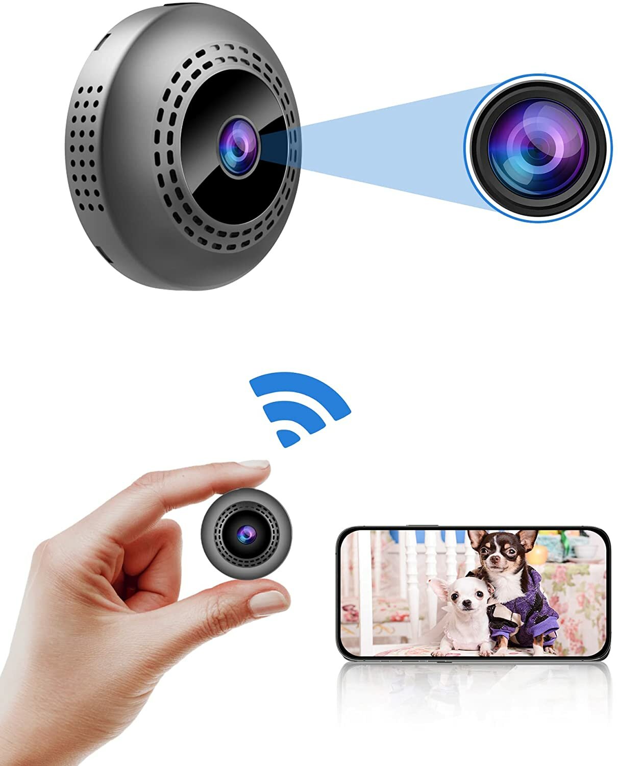 Камера-шпион Ryscam Mini wifi-1080P Беспроводная скрытая камера-няня с записью аудио и видео Live Feed Портативная маленькая камера наблюдения для автомобиля дома помещений с приложением для мобильного телефона Диаметр 1.55 дюйма Высота 0.6 дюйма Вес