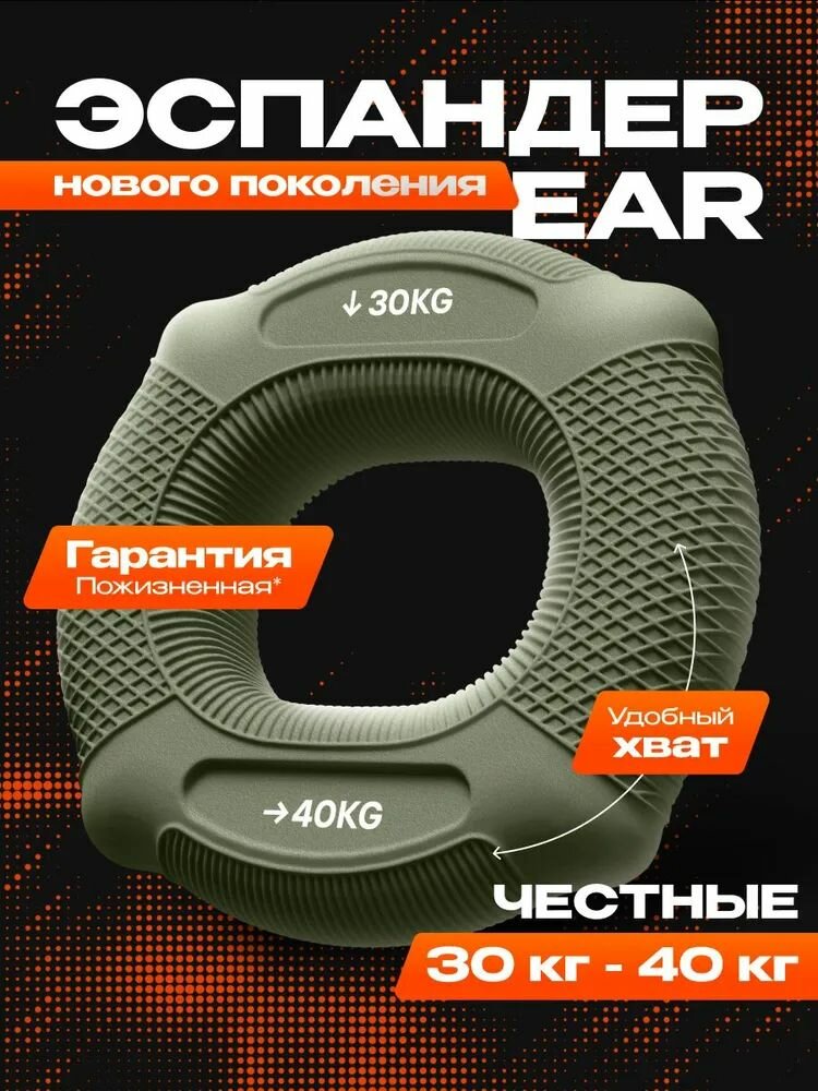 Кистевой эспандер EAR, силикон, зеленый, с изменяемой нагрузкой 30 - 40 кг