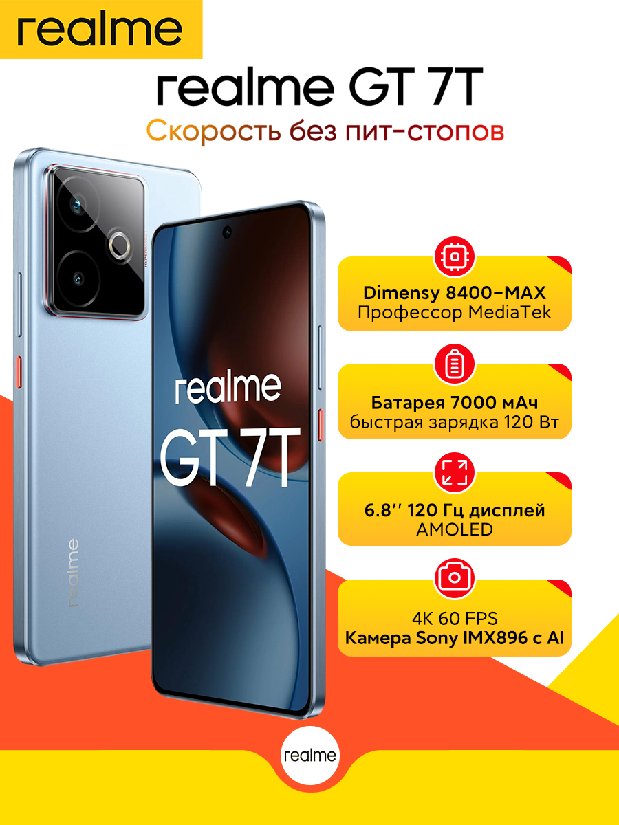 Смартфон realme GT 7T 5G Русская версия, игровой телефон, 12 ГБ+512 ГБ, синий