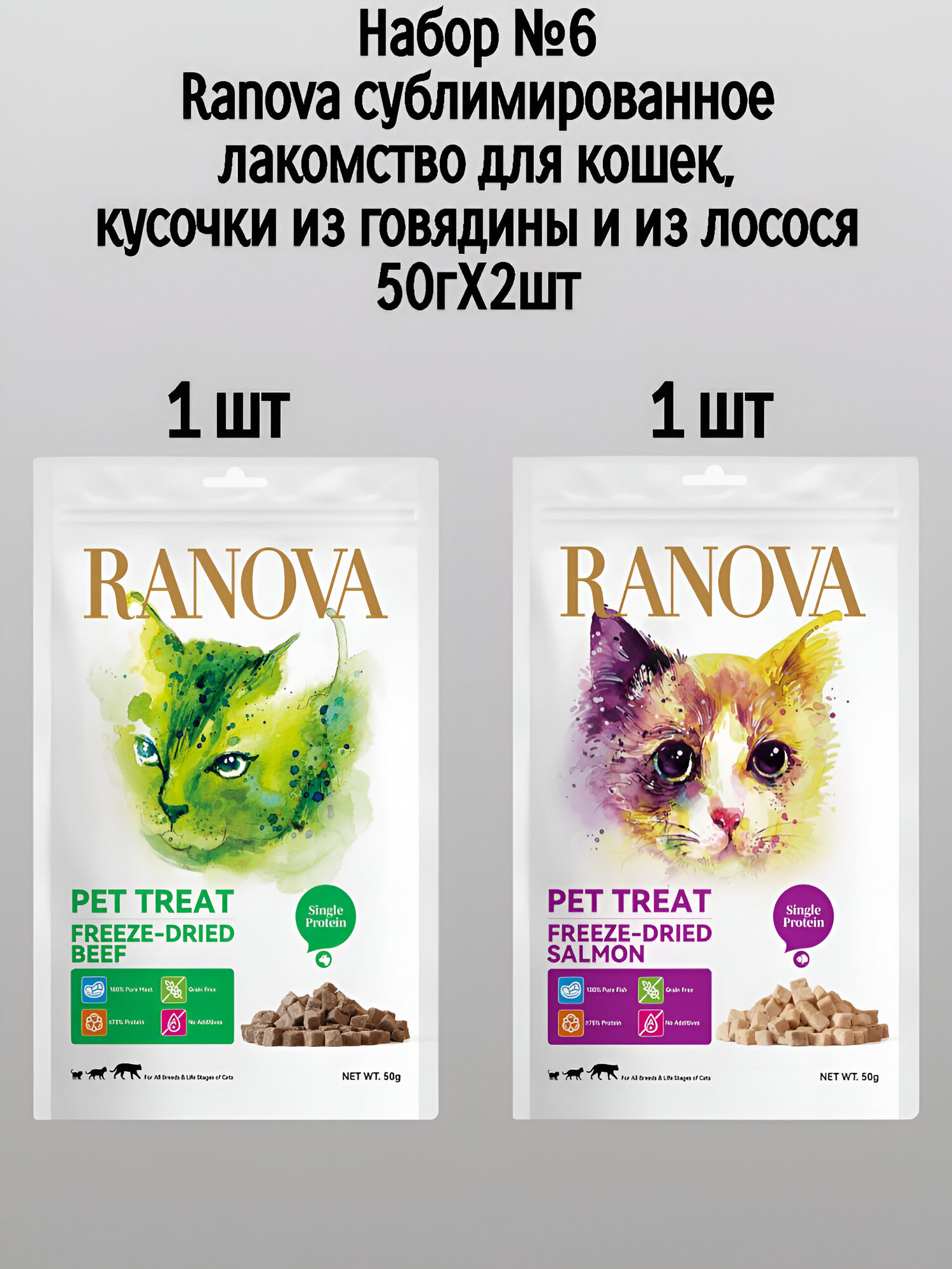 Набор №6 Сублимированные лакомства для кошек Ranova, кусочки из говядины и лосося, 2 шт х 50 гр