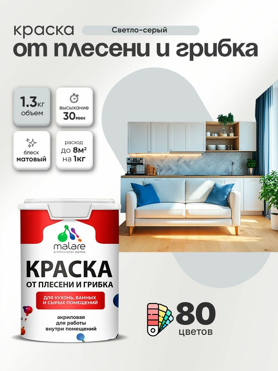 Краска Malare Professional от плесени и грибка, для кухни, ванных комнат и сырых помещений, без запаха матовая, светло-серый, (1л - 1.3кг).