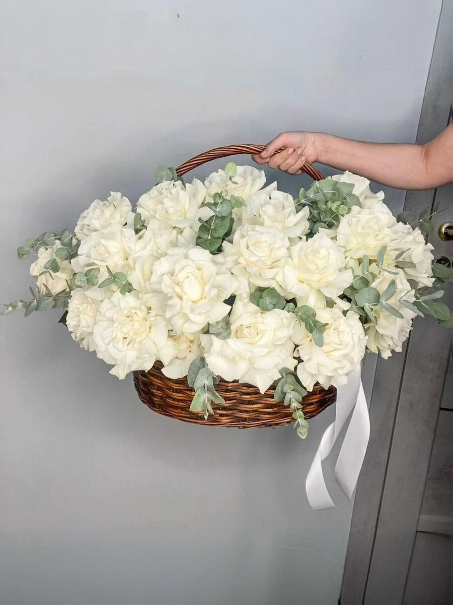 35 белых французских роз с эвкалиптом в корзине