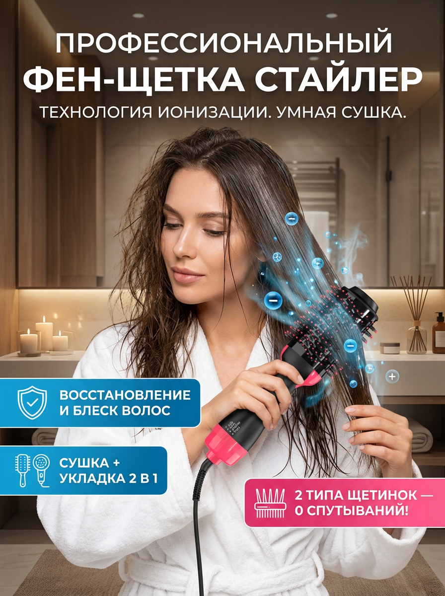 Фен-щетка для волос 3 в 1, Термощетка, Выпрямитель для волос, Стайлер, Расческа