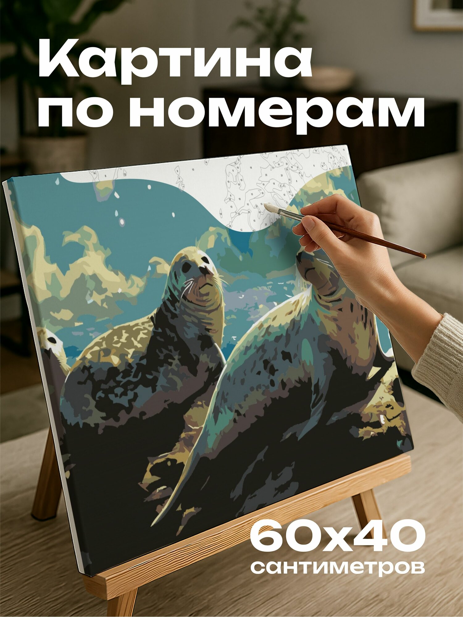 Картина по номерам 60x40 см, Тюлени, солнце, скалистый берег, море, игривые мелодии, цифровая картина