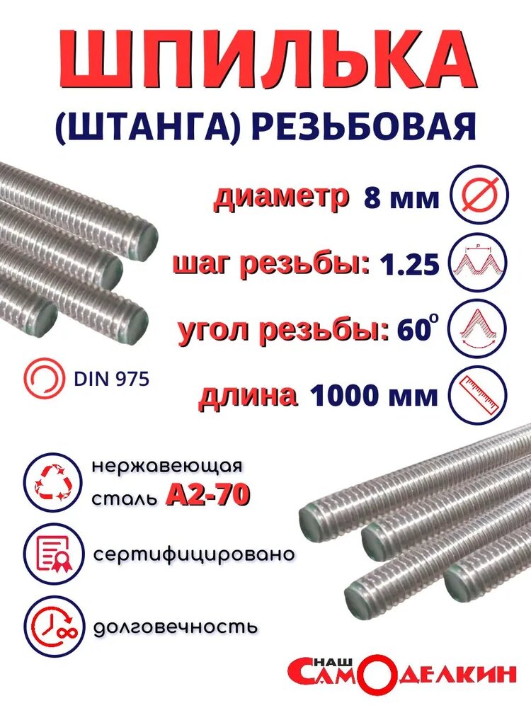 Шпилька нержавеющая М8 метровая резьбовая DIN 975 А2-70 1 шт