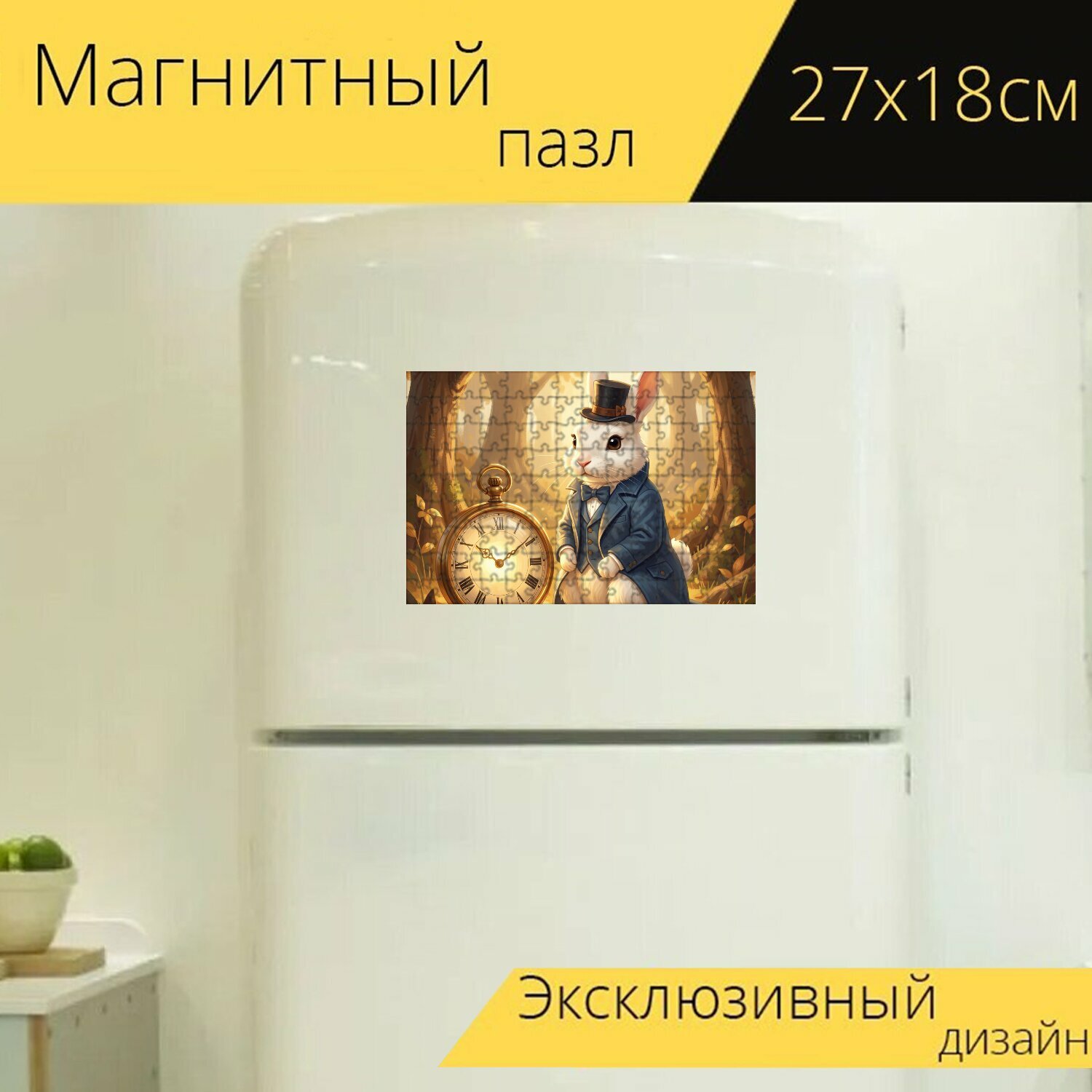 Магнитный пазл "Белый кролик с часами. Сказочный лесной персонаж в синем фраке и цилиндре рядом с винтажным циферблатом. Тёплая осенняя палитра, золотой." на холодильник 27 x 18 см.