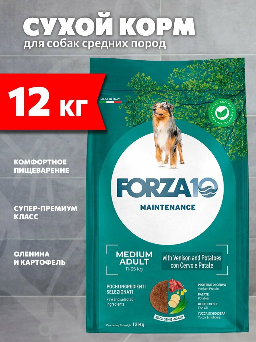 Корм сухой Forza10 Dog Maintenance Adult Medium для взрослых собак средних пород с олениной и картофелем, 12 кг