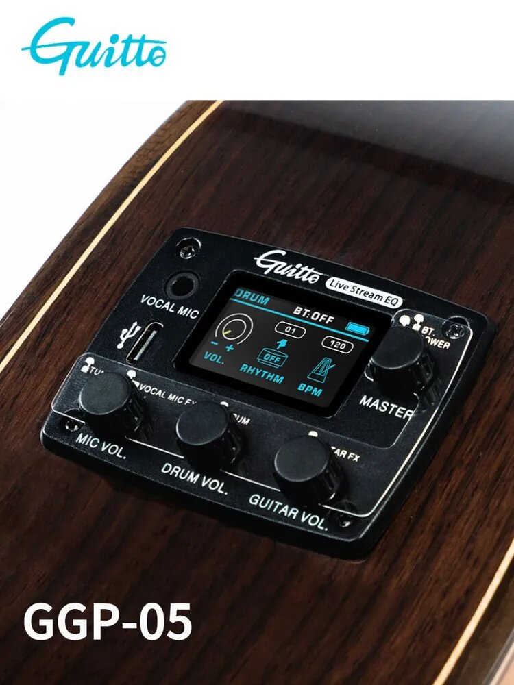 Звукосниматель Guitto GGP-05 вибрационный датчик, Bluetooth, OTG-запись, 5 эффектов, драм-машина, микрофон для перкуссии