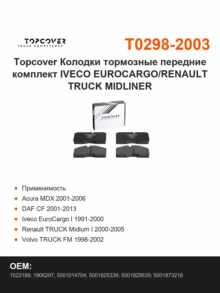 Topcover Колодки тормозные передние комплект IVECO EUROCARGO/RENAULT TRUCK MIDLINER