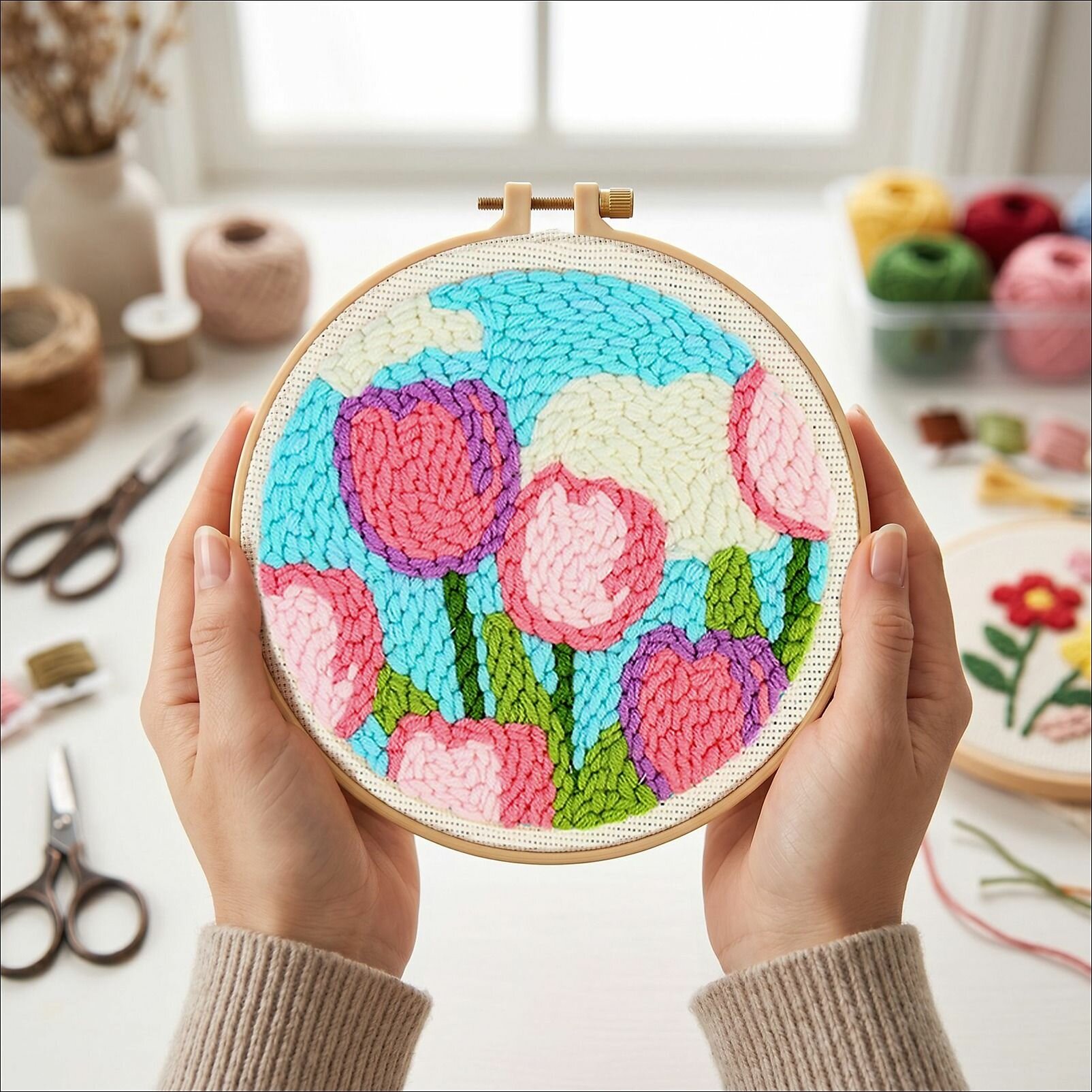 Набор для вышивки тюльпанов Tulip Bouquet с деревянным пяльцами и шаблоном