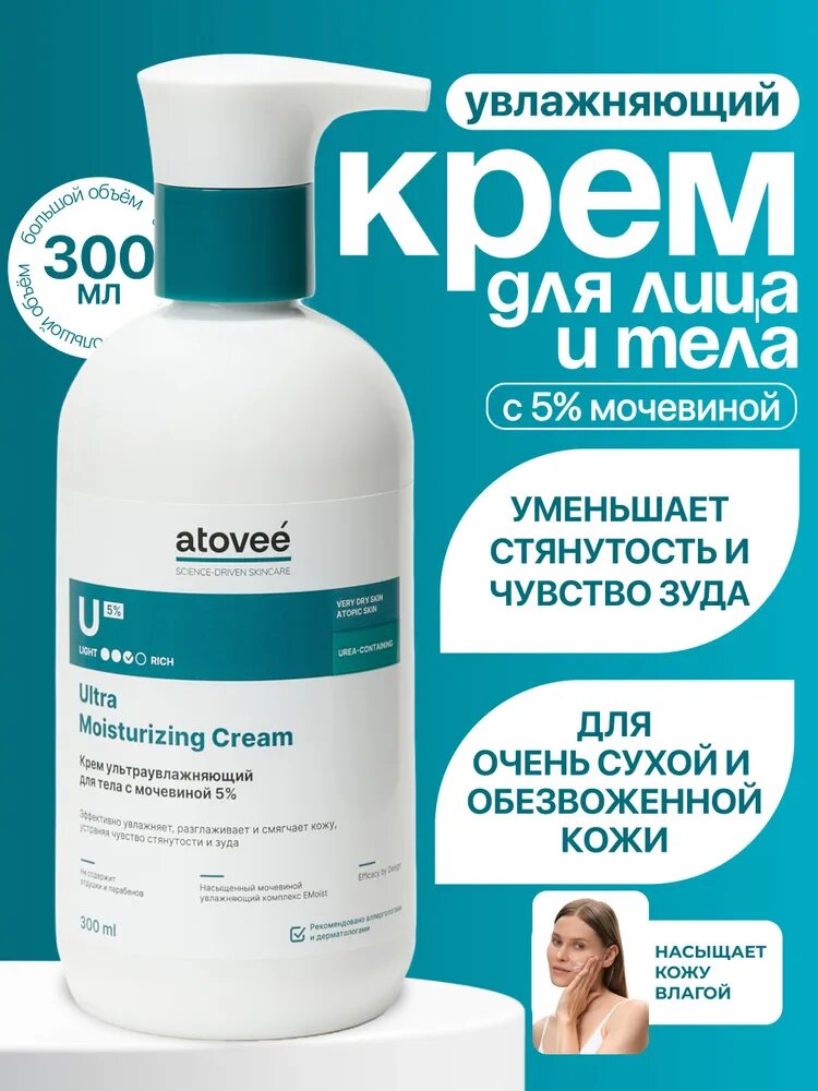 Крем с мочевиной для ног, рук и тела Atovee увлажняющий и питательный с дозатором