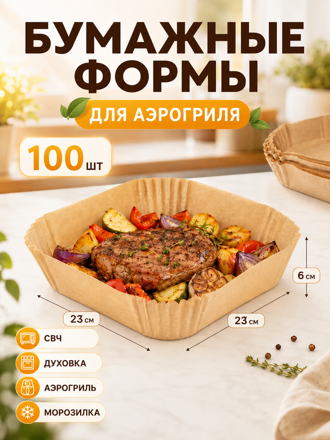Форма для запекания в аэрогриле одноразовые, набор 100 шт, 23×23 см, пергамент, бежевая