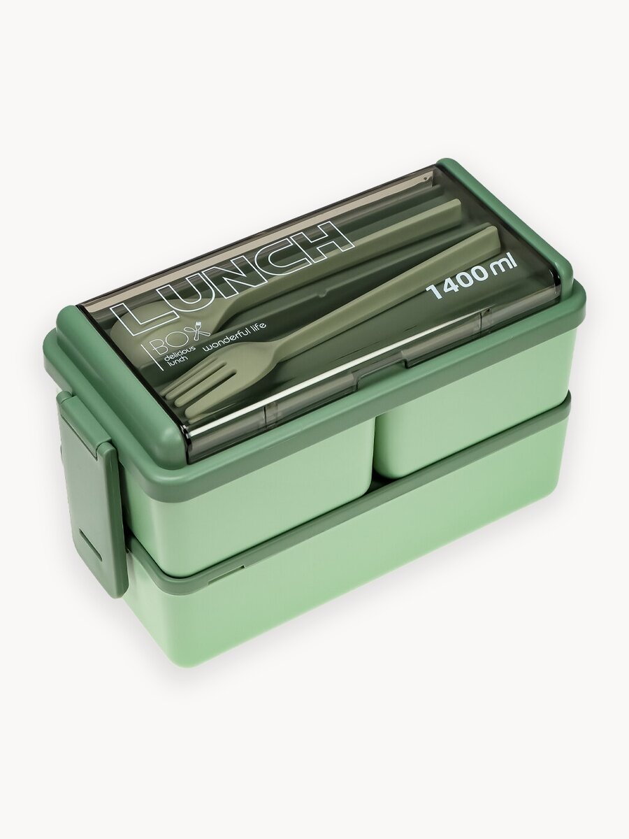 Ланч-бокс "Ланч" с тремя отделениями, приборы в наборе, 1400мл, зеленый, 19.5*9.2*12.2см ЛБ-0246
