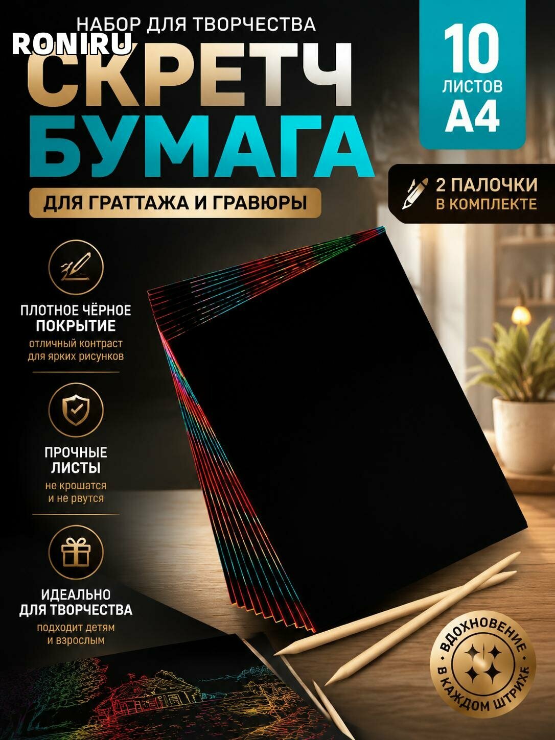 Набор скретч бумаги A4 для граттажа и гравюры — 10 односторонних листов без рисунка, черное покрытие, 2 палочки