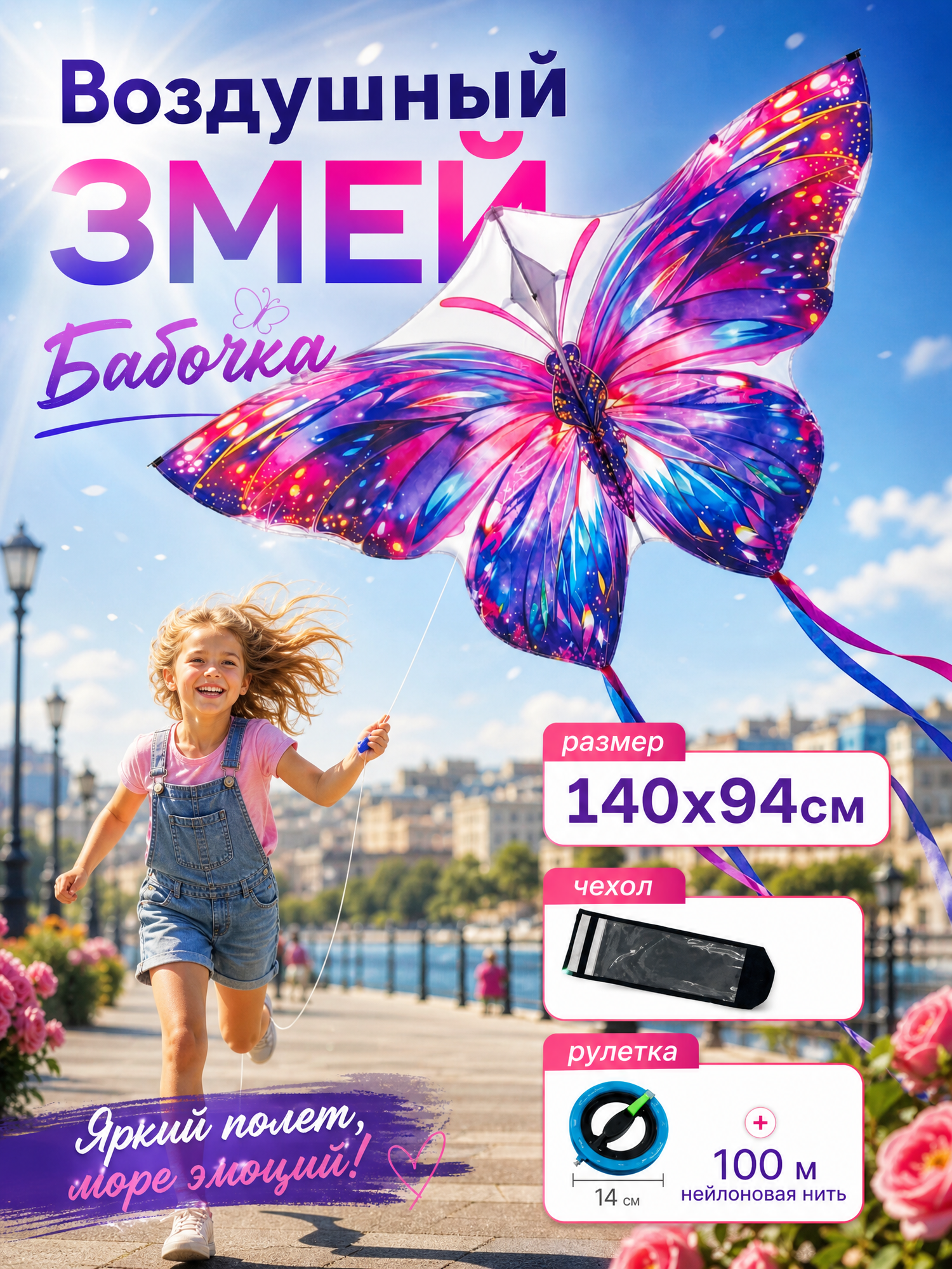 Воздушный змей Бабочка большой с рулеткой 144см для подвижных игр