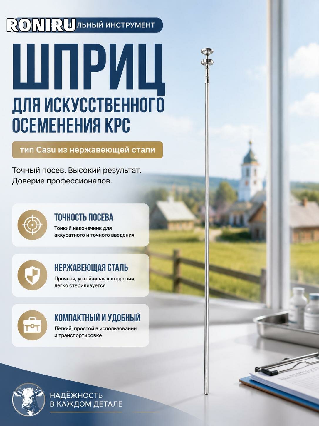 Шприц для искусственного осеменения КРС, тип Casu из нержавеющей стали, компактный ветеринарный инструмент для точного посева