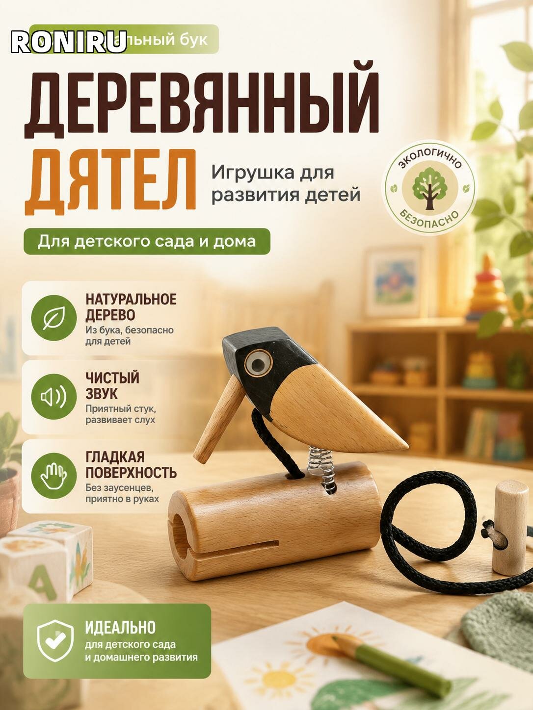 Скульптура дятел из бука Jionghan-4, безопасная деревянная игрушка для развития детей в садике с чистым звуком и гладкой поверхностью
