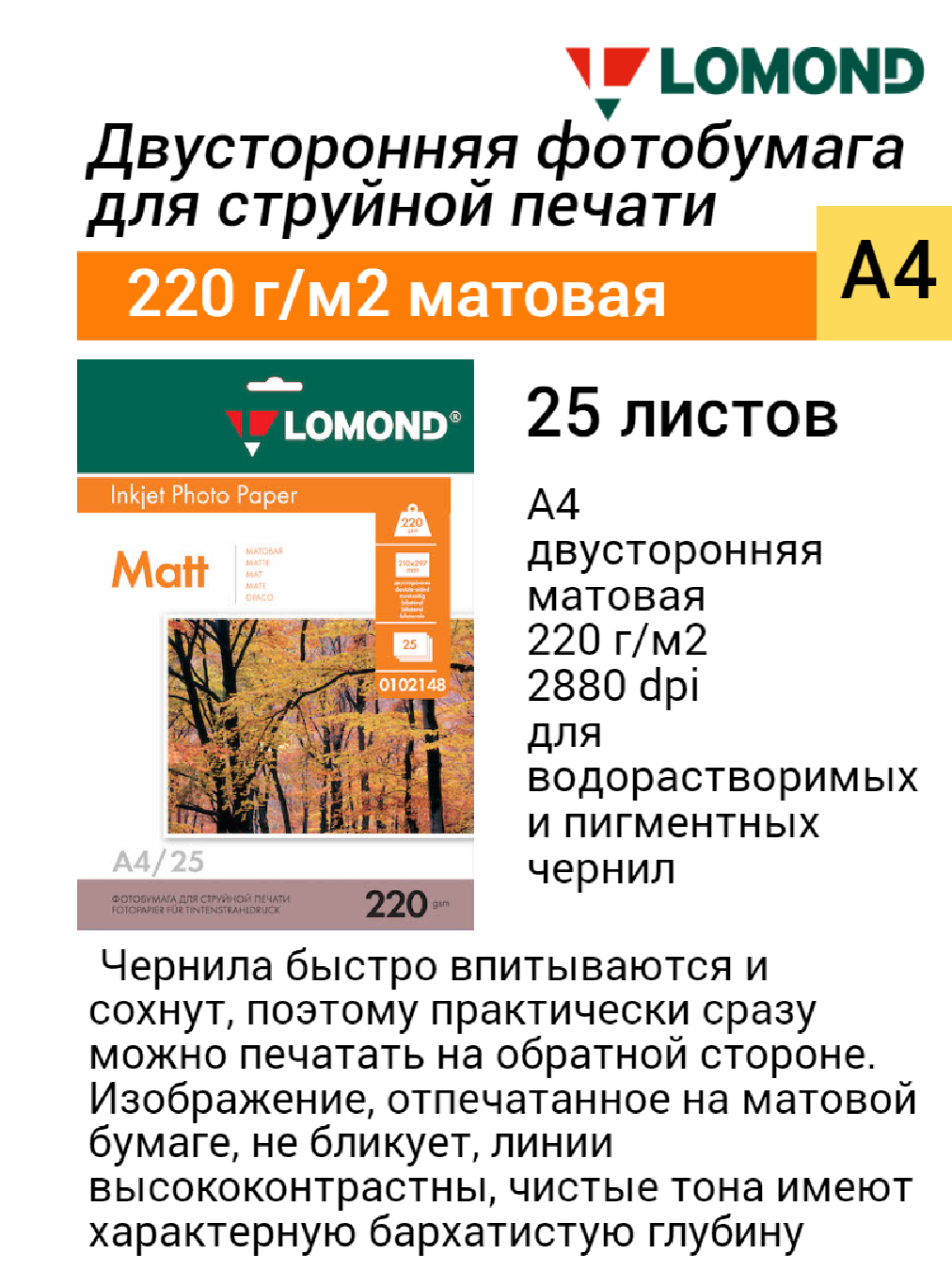 Фотобумага Lomond двусторонняя A4, 220 г/м2 (25 листов) матовая / матовая (0102148)
