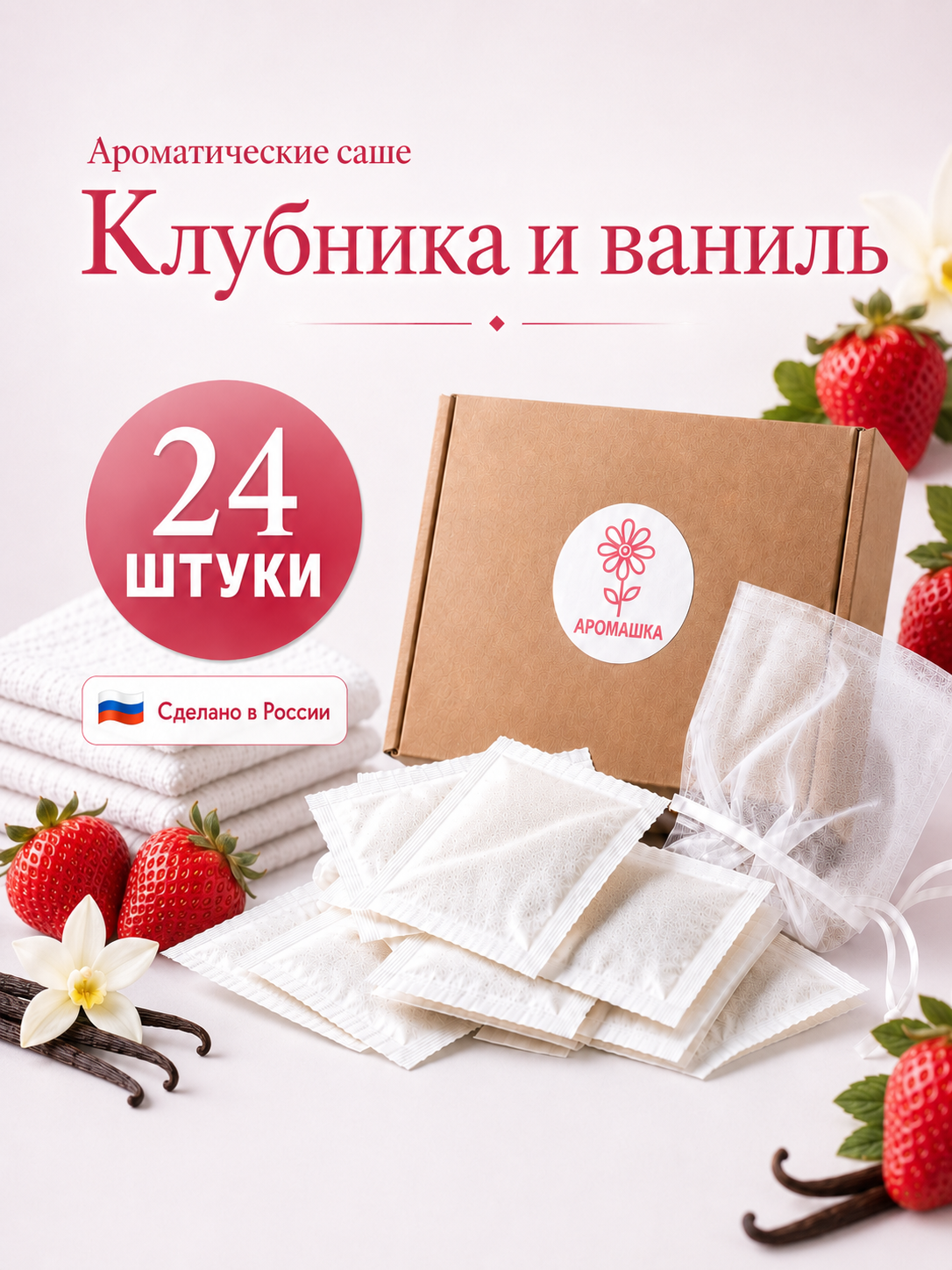 Саше для белья в шкаф ароматическое Клубника и ваниль, 24 шт.