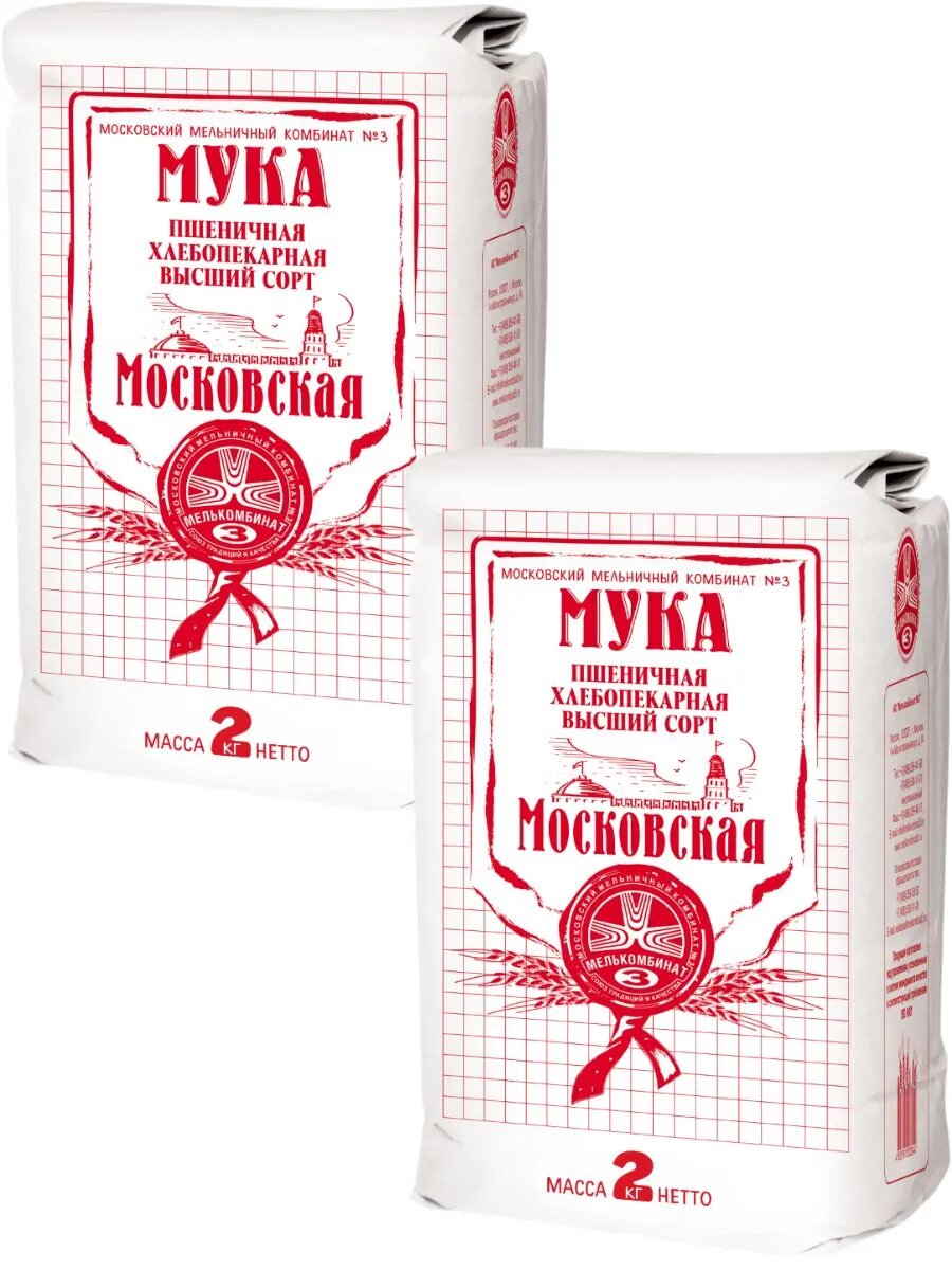 Мука пшеничная хлебопекарная высшего сорта Московская, 2 кг * 2 шт
