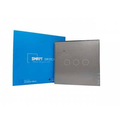 Умный сенсорный WiFi выключатель Smart Wi-Fi touch Wall Switch (настенный, трехкнопочный, серый)