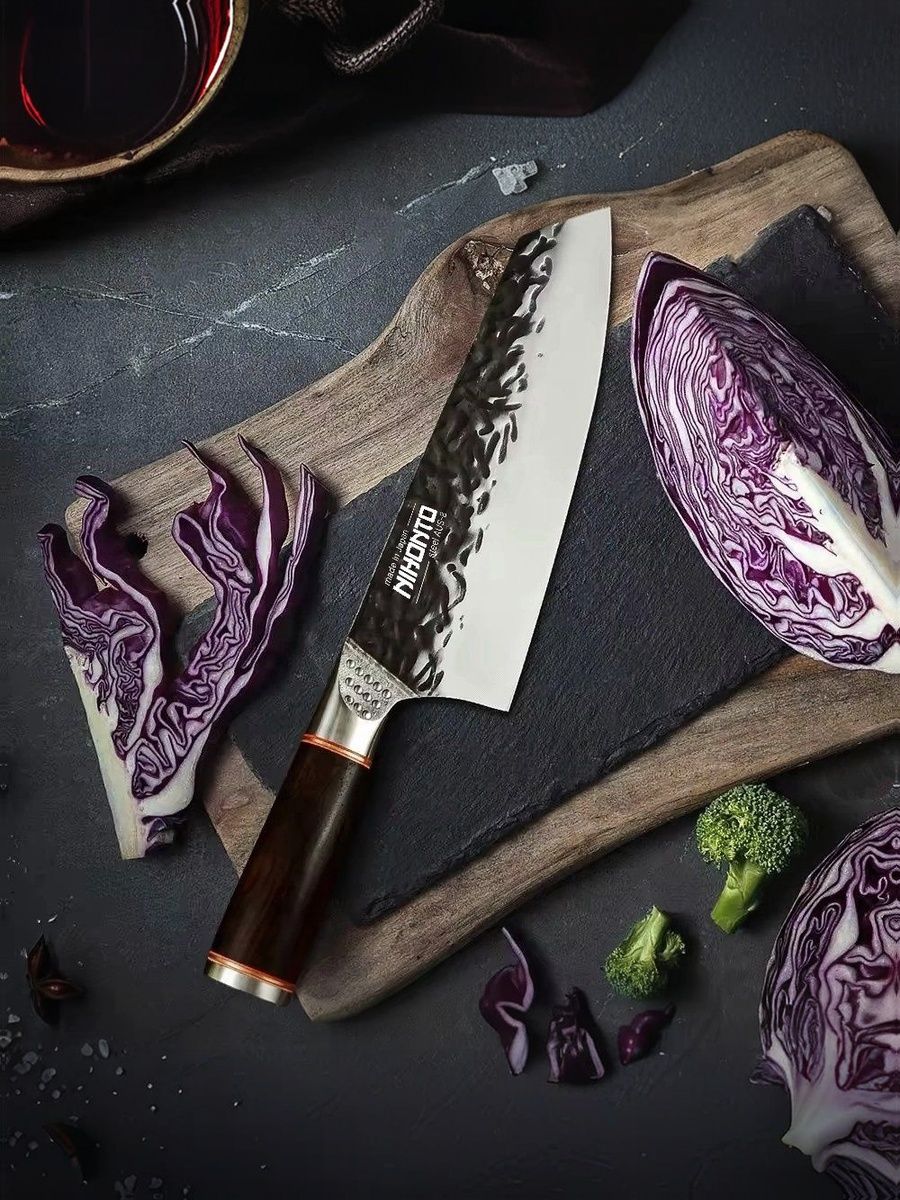NIHONTO Японский кухонный нож Кирицуке (Kiritsuke). Профессиональный шеф-нож с двусторонней симметричной заточкой. Сталь AUS-8. Длина лезвия 18 см.