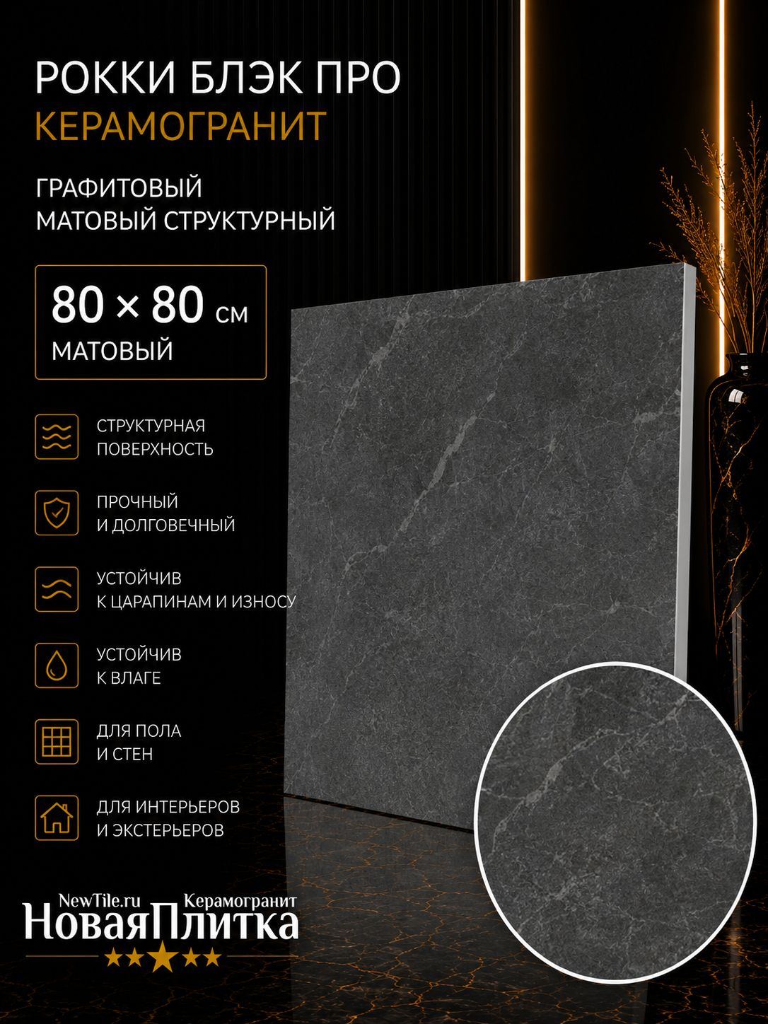Laparet Рокки Блэк про Керамогранит графитовый 80х80 матовый структурный R10/A