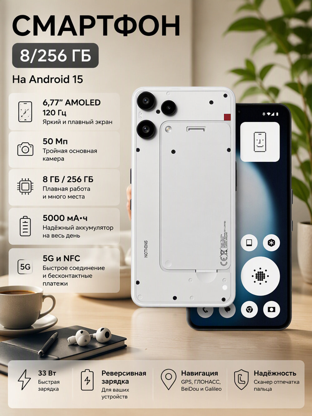 Смартфон 8/256 ГБ, AMOLED 6,77″, камера 50 Мп, NFC, аккумулятор 5000 мА·ч, белый на Android 15