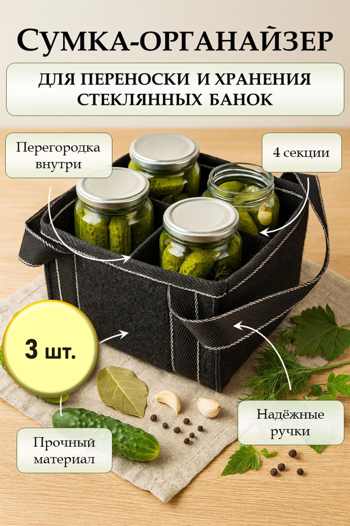 Сумка-органайзер для переноса стеклянных банок, 3 штуки в комплекте (12 банок)