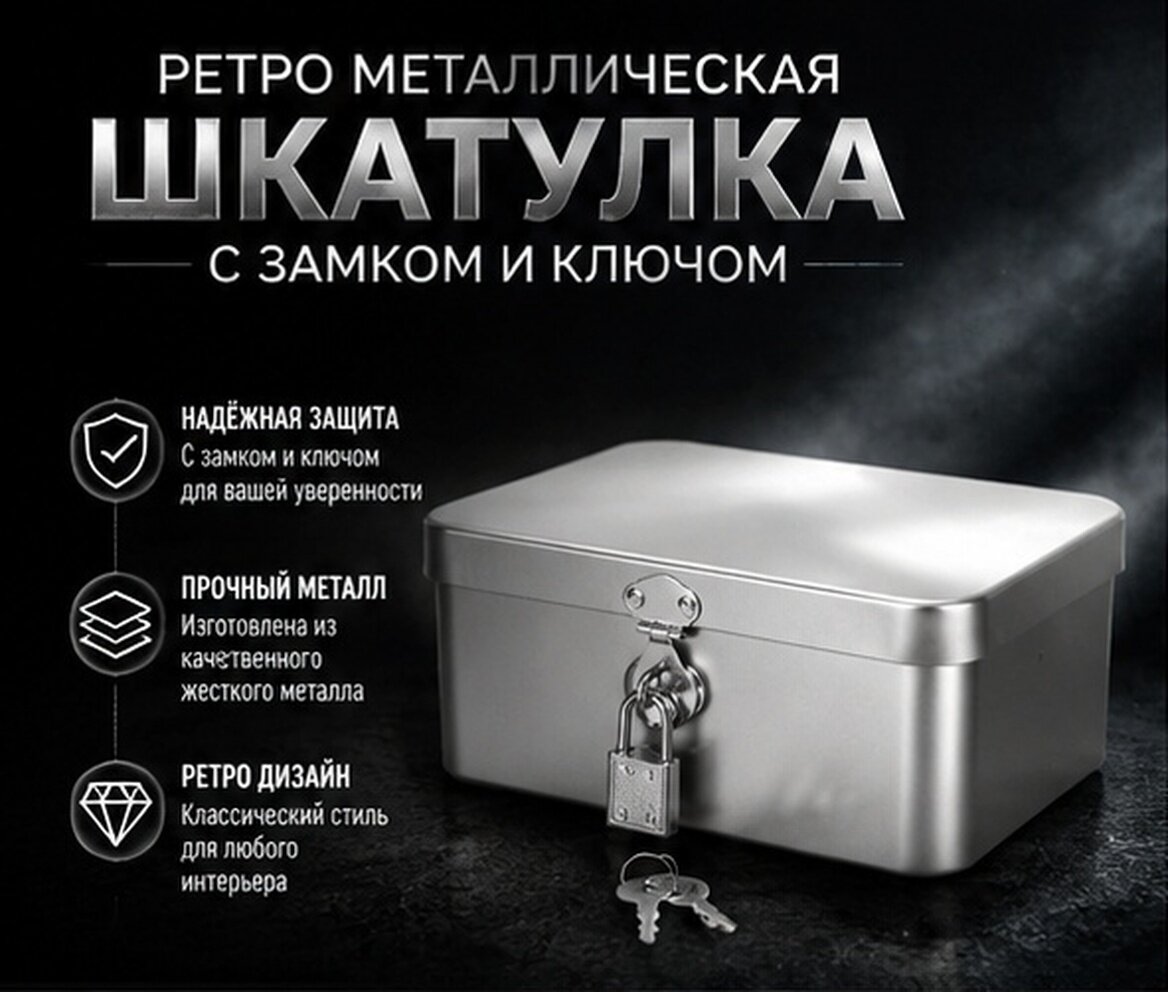 Ретро коробка из жести с замком и ключом для хранения украшений и документов