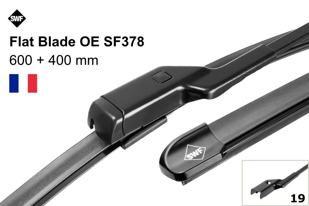 Щетки стеклоочистителя SWF Flat Blade OE SF378 (119378), бескаркасные, 600мм + 400мм, 2 шт, Push Button 19mm, для Citroen C3/C4, Peugeot 208/2008, Opel Corsa/Mokka, Haval F7, Renault Twingo и др.