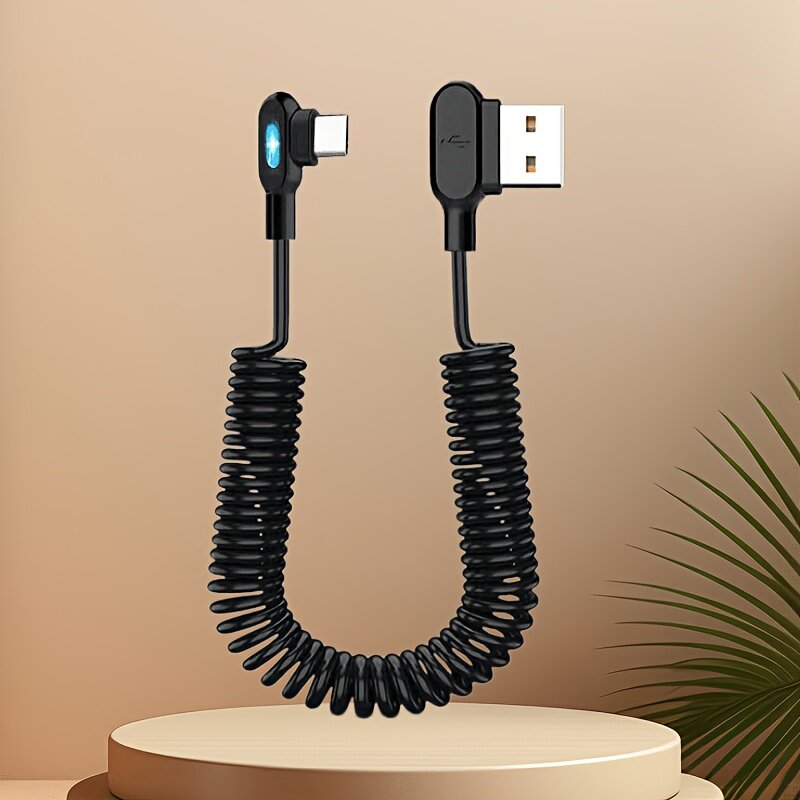 Кабель зарядный USB-Type-C угловой пружинный 6А, черный, 2 м