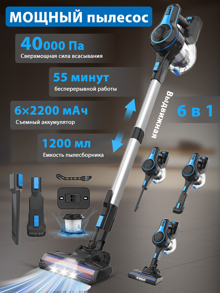 Вертикальный беспроводной пылесос INSE N5T, инвертор, Тихий, всасывания 40000 Па, Турбо щётка и Щетка для ковров, Лазерная подсветка зоны уборки, Съёмный аккумулятор 6*2200 мАч,55 минут 6 в 1