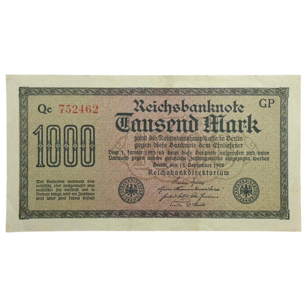 Веймарская республика (Германия) 1000 марок 1922 г. (ВЗ - Волны, J) (Литера GP) (Серия Qc)