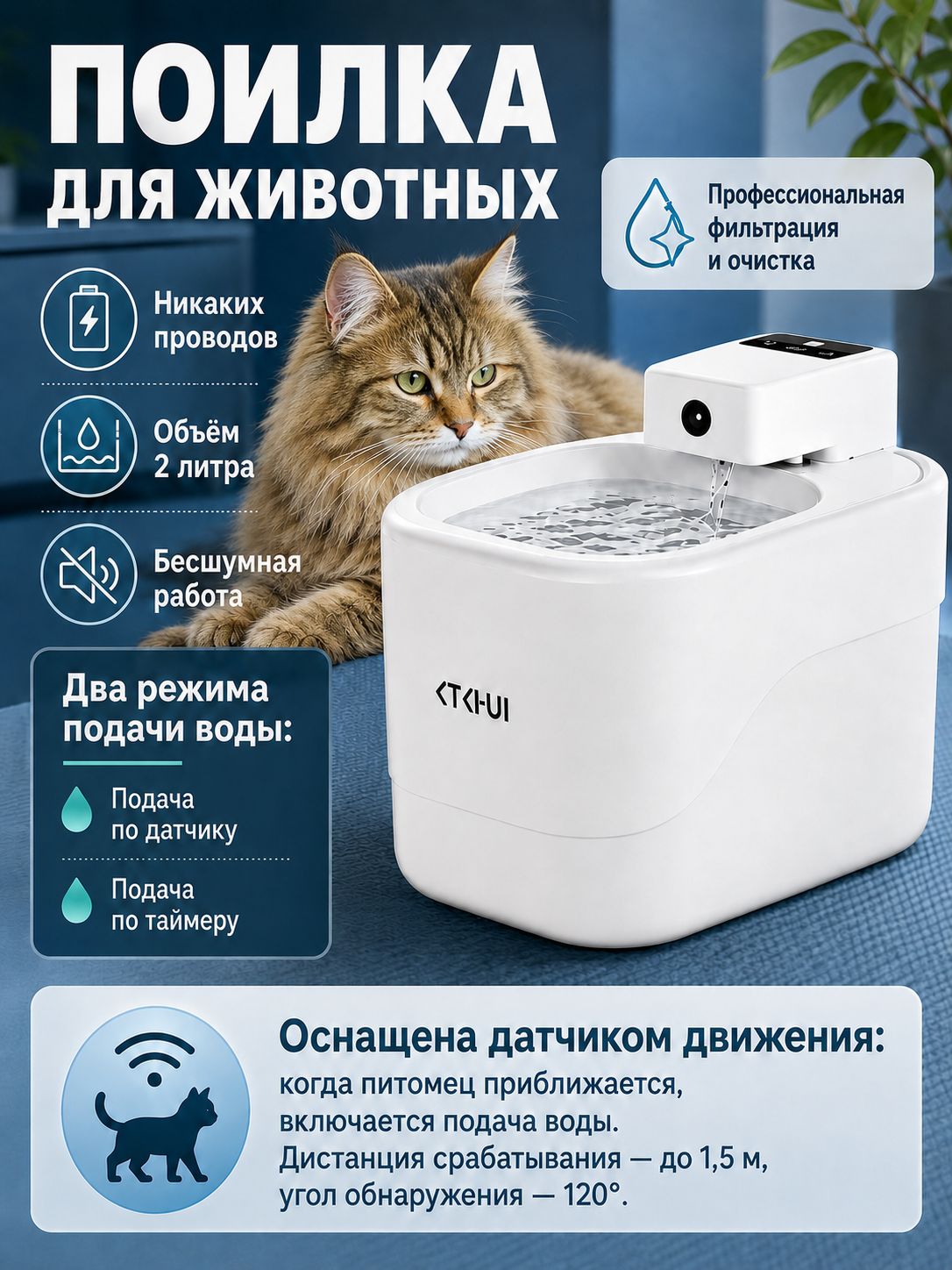 Поилка - фонтан для кошек и собак Автоматическая Бесшумная Поилка для Кошек и Собак Умная Сенсорная Подача Воды,2L