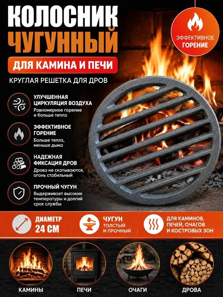 Колосник чугунный для камина и печи, круглая решетка для дров, чугунный grate для костра, улучшенная циркуляция