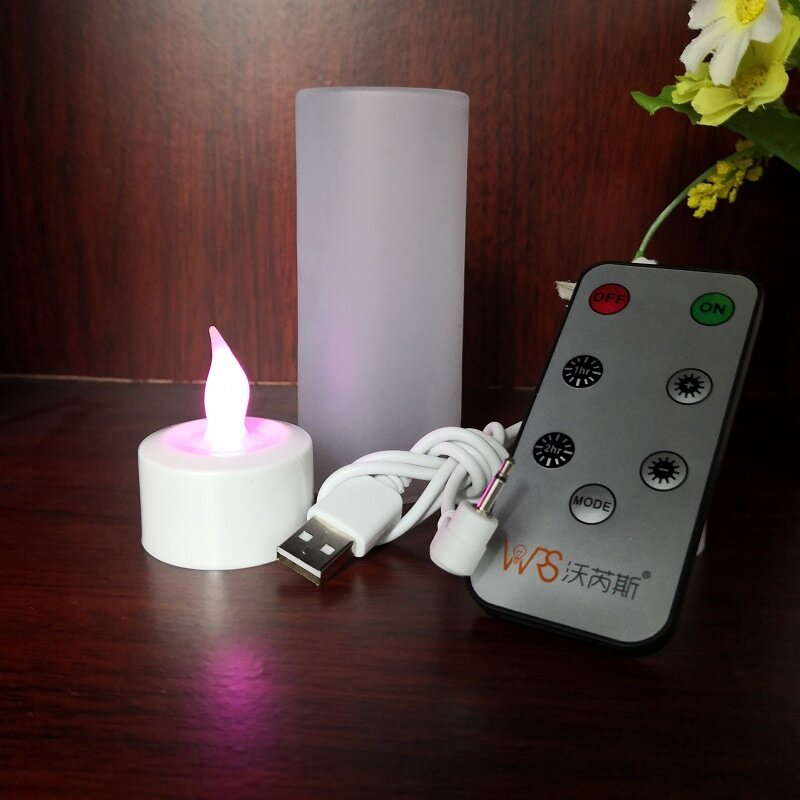 USB перезаряжаемая свеча с пультом и белым корпусом, розовый свет